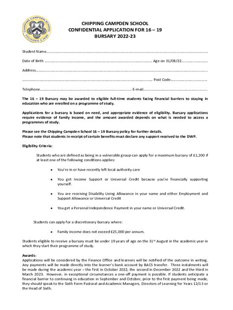 Fillable Online Bursary Opportunities Chipping Campden School Sixth