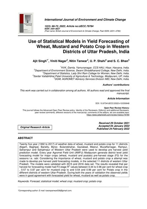 Pdf Use Of Statistical Models In Yield Forecasting Of Wheat Mustard And Potato Crop In