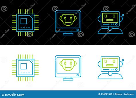 Set Line Robot Processor With Microcircuits Cpu And Bot Icon Vector