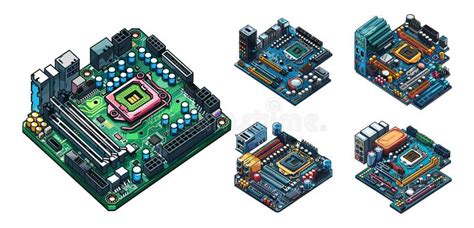 Pc Motherboards Isometric Vector Set Semiconductor Personal Computer