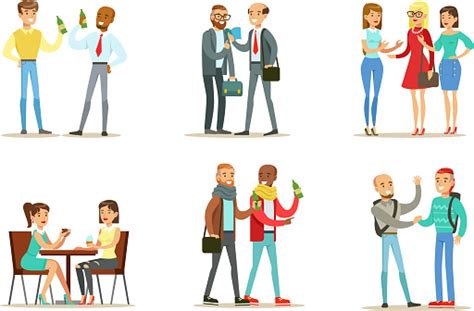 친구와 동료 함께 좋은 시간을 보내고 세트 남자와 여자 회의 마시는 커피와 맥주 험담 벡터 일러스트 사람들에 대한 스톡 벡터