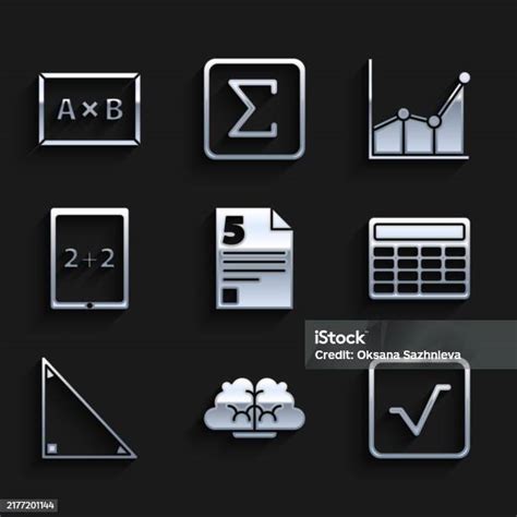 테스트 또는 시험 시트 인간의 두뇌 제곱근 계산기 삼각형 수학 계산기가 있는 태블릿 그래프 일정 차트 다이어그램 및 칠판