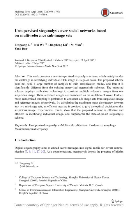 Unsupervised Steganalysis Over Social Networks Based On Multi Reference Sub Image Sets Request Pdf