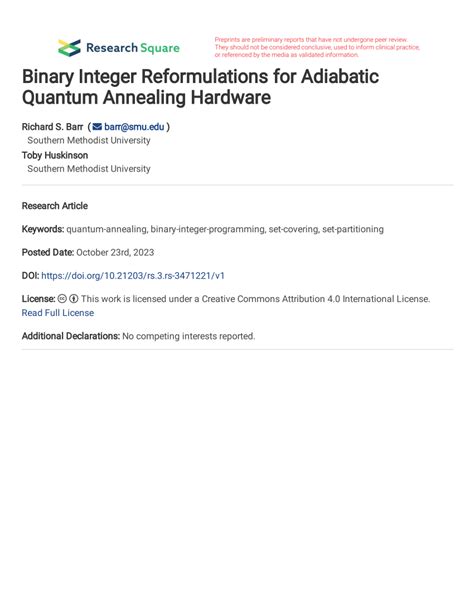 Pdf Binary Integer Reformulations For Adiabatic Quantum Annealing