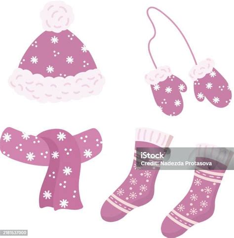 겨울 옷의 벡터 세트입니다 겨울과 가을을 위한 니트 액세서리 모자 스카프 벙어리 장갑 양말 겨울 모직 옷 겉옷은 장식이 있는 분홍색입니다 0명에 대한 스톡 벡터 아트 및