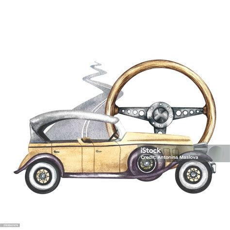 빈티지 복고풍 자동차 측면도 골동품 나무 스티어링 휠 원근감 있는 포장 도로 손으로 만든 수채화 일러스트 배너 전단지 또는 포스터용 인쇄용 스티커 엽서용 고풍스런에 대한