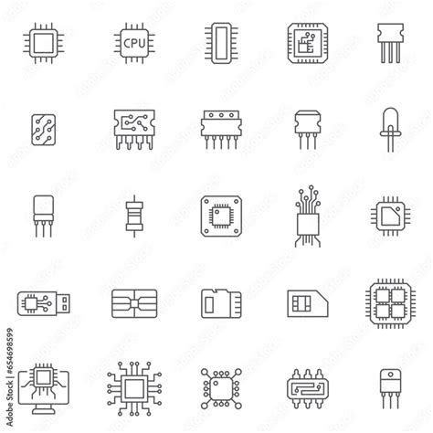 Computer Microchip Line Icons Set Linear Style Symbols Collection Outline Signs Pack Vector