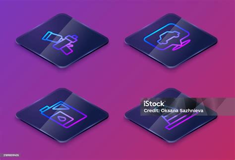 세트 아이소 메트릭 라인 페인트 스프레이 건 모터 오일 용 캐니스터 자동차 서비스 및 교통 콘 파란색 사각형 버튼입니다 벡터 3차원 형태에 대한 스톡 벡터 아트 및 기타