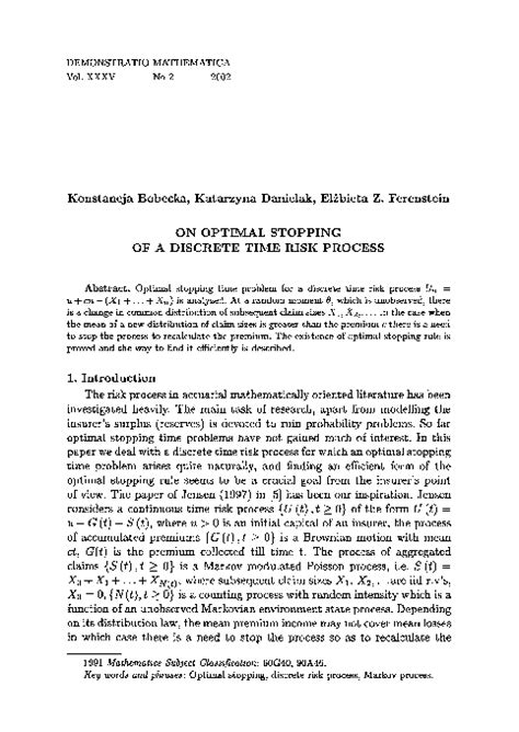 Pdf On Optimal Stopping Of A Discrete Time Risk Process