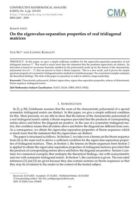 Pdf On The Eigenvalue Separation Properties Of Real Tridiagonal Matrices