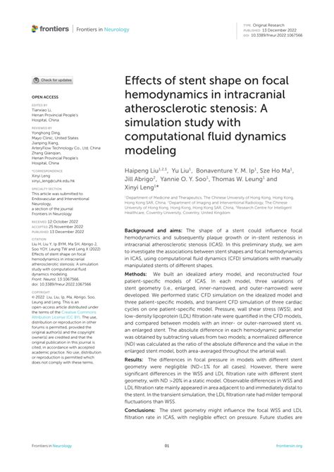 Pdf Effects Of Stent Shape On Focal Hemodynamics In Intracranial