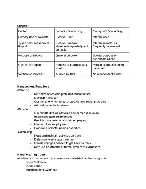 Managerial Accounting Chapter 1 Notes Chapter 1 Feature Financial Accounting Managerial