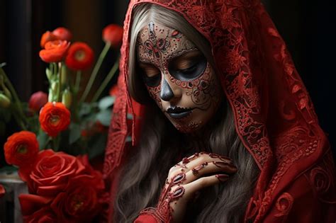 Premium Photo Young Girl In The Image Of Santa Muerte