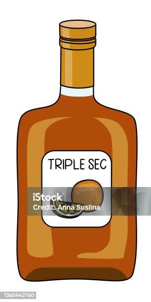 병에 트리플 세초 투명 오렌지 주류 낙서 만화 힙스터 스타일 벡터 일러스트 는 흰색 배경에 격리 파티 카드 포스터 바 메뉴 또는 알코올 요리 책 조리법에 적합 낙서 드로잉에