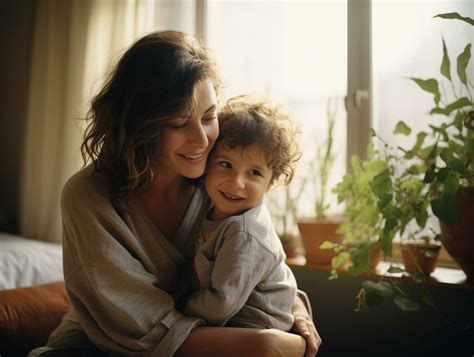 Ai Generated Happy Mother And Son Hugging And Enjoying Together In Living Room Family Time