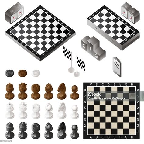 게임 보드에 흰색 갈색 및 검은 색 조각이있는 체스 등각 배경 제어 시계 체커 체스 조각 아이콘 벡터 일러스트레이션 3차원 형태에 대한 스톡 벡터 아트 및 기타 이미지
