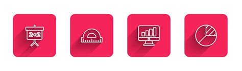 세트 라인 칠판 각도기 그래프 차트가 있는 컴퓨터 모니터 및 긴 그림자가 있는 파이 인포그래픽 빨간색 사각형 버튼입니다 벡터 0