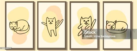 Line Art Portraits Of Cats Minimalism Set Of Templates For Posters Cards Interior Decor Sketch