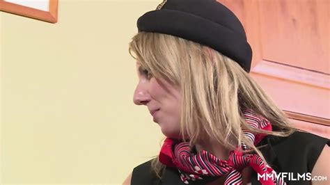 Gorgeous Flight Attendant In Stockings And Heels Gets A Great Welcome