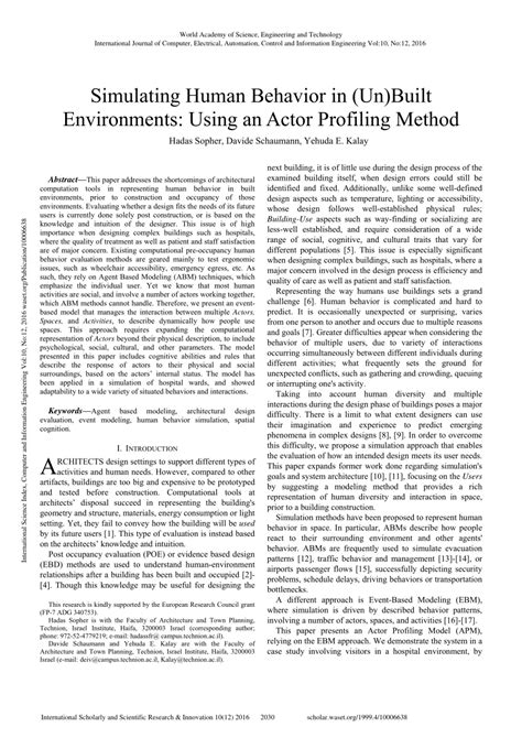 Pdf Simulating Human Behavior In Un Built Environments Using An Actor Profiling Method