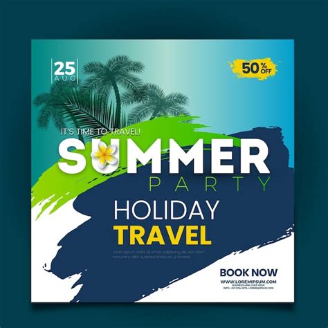 여름 파티 전단지 디자인 및 여름 소셜 미디어 게시물 프리미엄 벡터