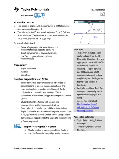 Taylor Polynomials Nspire Teacher Pdf Polynomial Function