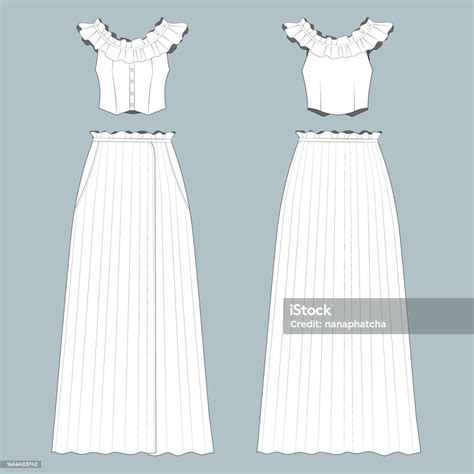주름 길이 스커트와 프릴 크롭 탑 패션 플랫 테크니컬 스케치 드로잉 템플릿 0명에 대한 스톡 벡터 아트 및 기타 이미지 0명 미니 원피스 바지 의복 Istock