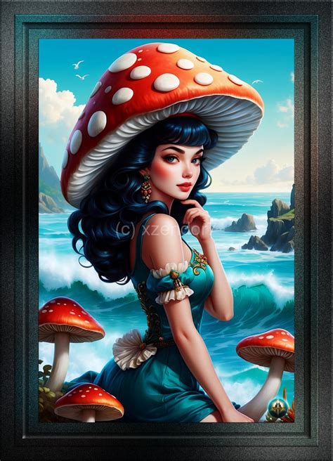 A Beautiful Pin Up Girl By Seas Shore With Her Mushroom Hat Ai Concept