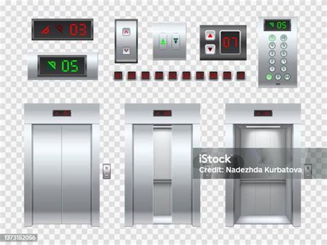 엘리베이터 문과 버튼 전자 포인터가있는 현실적인 금속 승객 리프트 폐쇄 또는 개방 된 입구 3d 캐빈 게이트 손잡이가 있는 패널