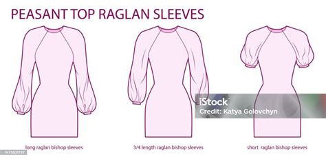 농민 탑 래글런 소매 비숍 스타일 긴 34 및 짧은 길이의 옷 기술 패션 일러스트레이션 세트 플랫 의류 템플릿 앞면 여성 남성 남녀 공용 Cad 모형 0명에 대한 스톡 벡터