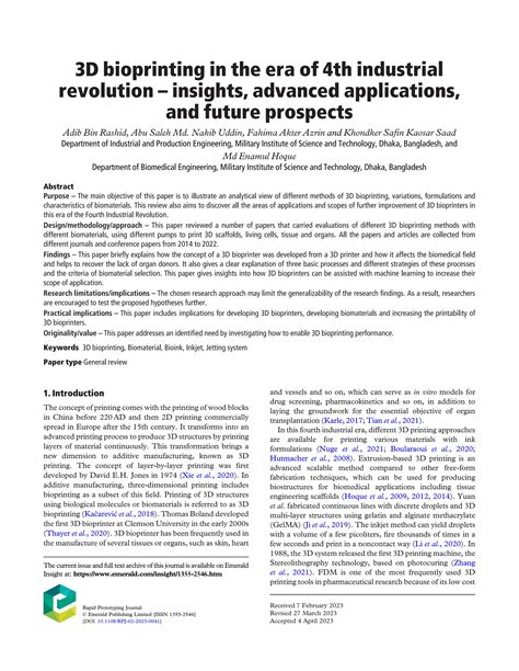 3d Bioprinting In The Era Of 4th Industrial Revolution Insights Advanced Applications And