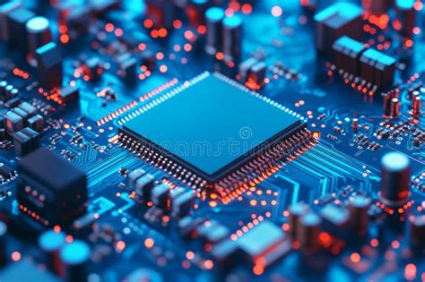 Microchip On Blue Circuit Board With Neon Lights Artificial