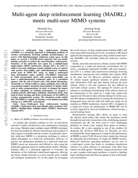 multi agent deep reinforcement learning madrl meets multi user mimo