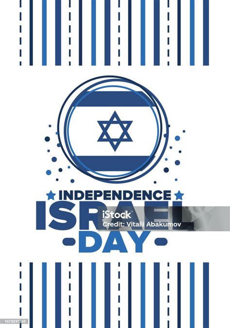 이스라엘 독립기념일 국경일 연례 경축 이스라엘 국기 다윗의 별 유대인의 상징 애국 적인 기호 및 요소 포스터 카드 배너 및 배경 벡터 일러스트레이션 0명에 대한 스톡 벡터