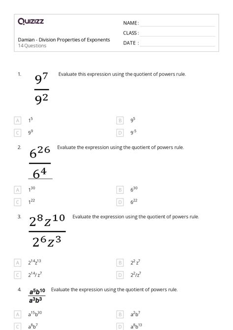 50 properties of exponents worksheets for 8th grade on quizizz free
