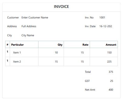 Complete Invoice With Calculation Print Bootstrap JS JQuery Worksheets Library