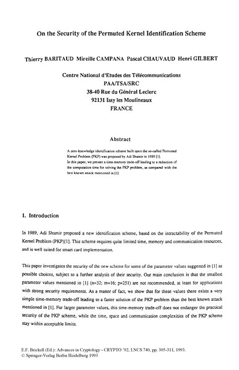 Pdf On The Security Of The Permuted Kernel Identification Scheme