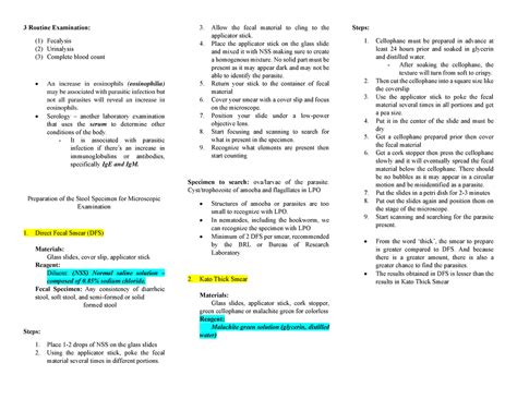 Dfs Kts Concentration Method 3 Routine Examination 1 Fecalysis 2 Urinalysis 3 Complete