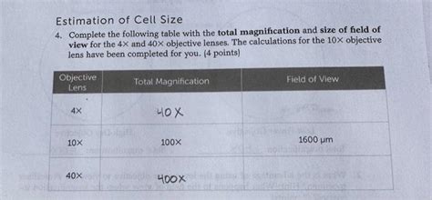 Solved Estimation Of Cell Size 4 Complete The Following Chegg Com