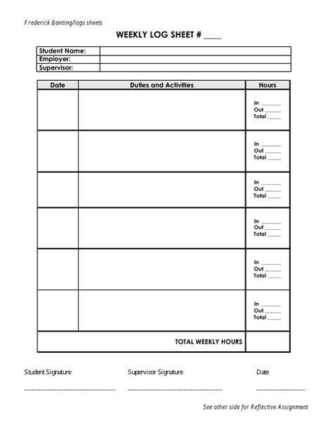 Student Supervisor Weekly Log Sheet And Reflective Assignment Download
