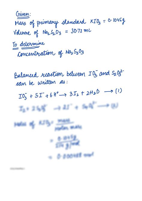 SOLUTION: Solution for titration of the i2 produced from 1045g of primary standard kio3 required ...