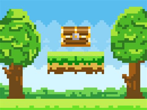 Pixel Game Background With Chest In Sky Pixel Art Scene With Green Grass Platform And Tall