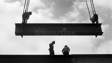 Construction Workers Lifting A Large Steel Beam With A Crane Stock