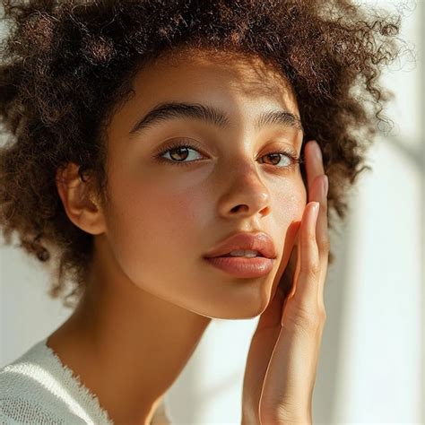 A Woman With A Freckled Face And Her Hand On Her Face Premium Ai Generated Image