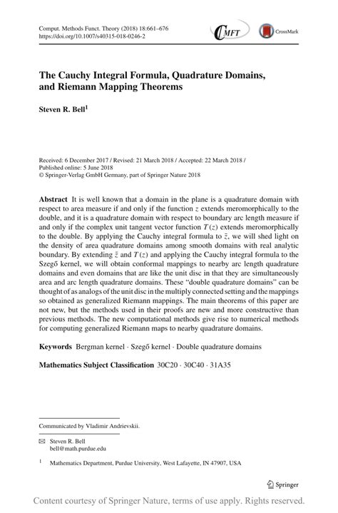 The Cauchy Integral Formula Quadrature Domains And Riemann Mapping