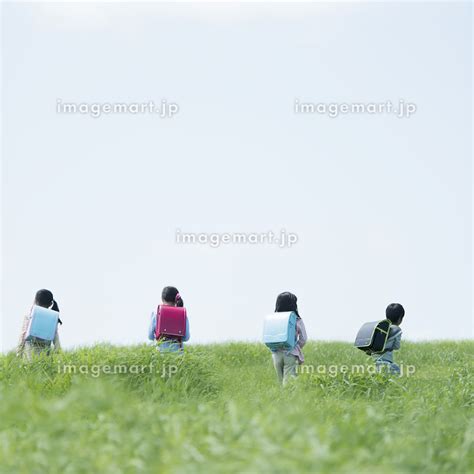 草原を歩く小学生の後姿の写真素材 124221592 イメージマート