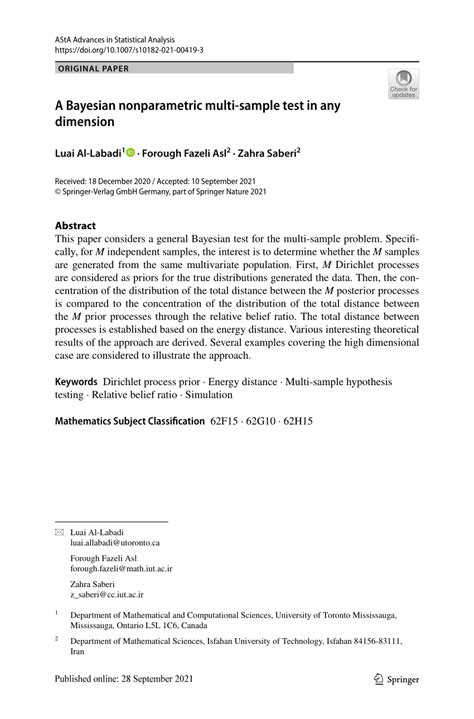 Pdf A Bayesian Nonparametric Multi Sample Test In Any Dimension