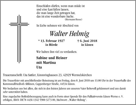 Traueranzeigen Von Walter Helmig Trauer In Nrwde