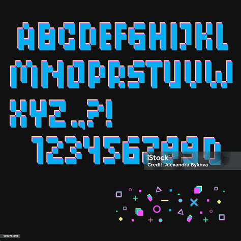 픽셀 복고풍 아케이드 게임 스타일 글꼴 디자인 3d 알파벳 문자 및 숫자 벡터 일러스트 레이 션 1980 1989 년에 대한