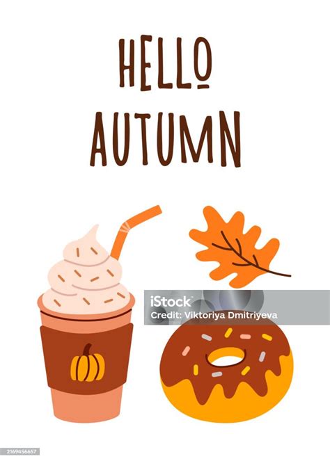 호박 향신료 음료 도넛 단풍을 특징으로 하는 H 가을 테마의 플랫 스타일 일러스트레이션 계절 인사말 소셜 미디어 또는 판촉 디자인에 적합합니다 가을에 대한 스톡 벡터 아트